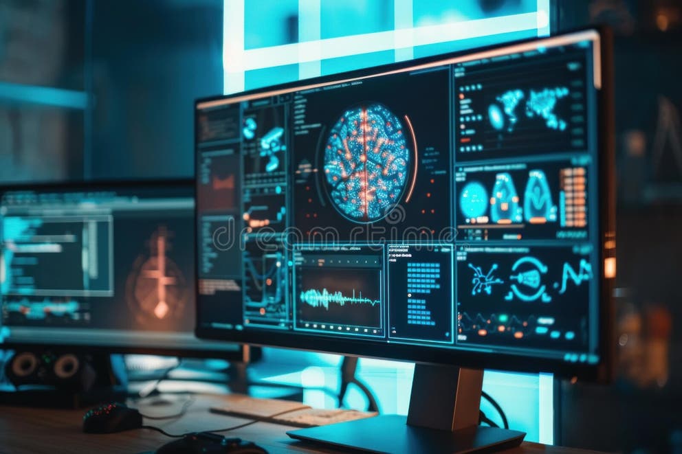 Computer Screen Showing Futuristic Brain Scan Interface in a Modern Laboratory Stock Image ...