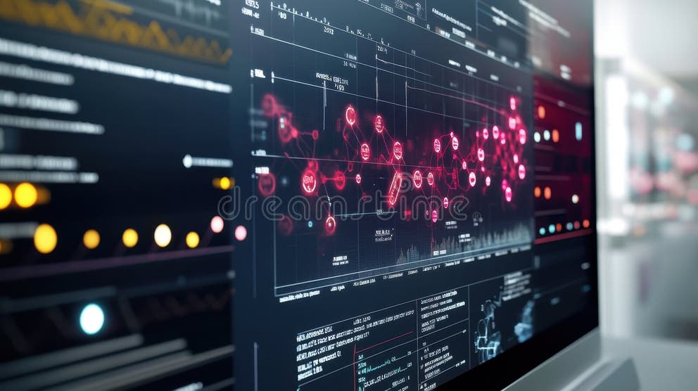Computer Screen Showing Futuristic Interface Displaying Complex Data Analysis and Information ...
