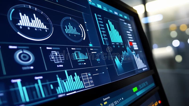 Computer Screen Showing Futuristic Interface with Graphs and Charts Displaying Complex Data ...