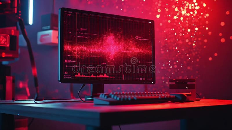 Computer Screen Showing Futuristic Red Interface with Charts and Graphs ...