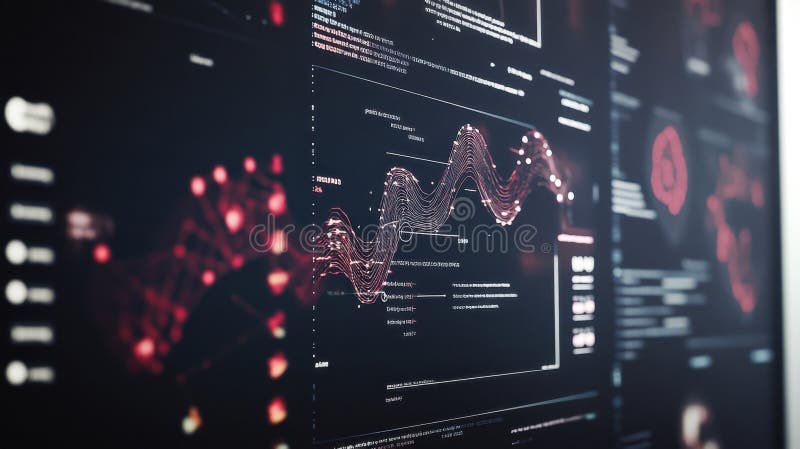 Computer Screen Showing Futuristic User Interface with Charts, Graphs, and Data Visualizations ...