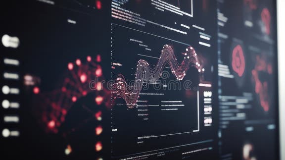 Computer Screen Showing Futuristic User Interface with Charts, Graphs, and Data Visualizations ...