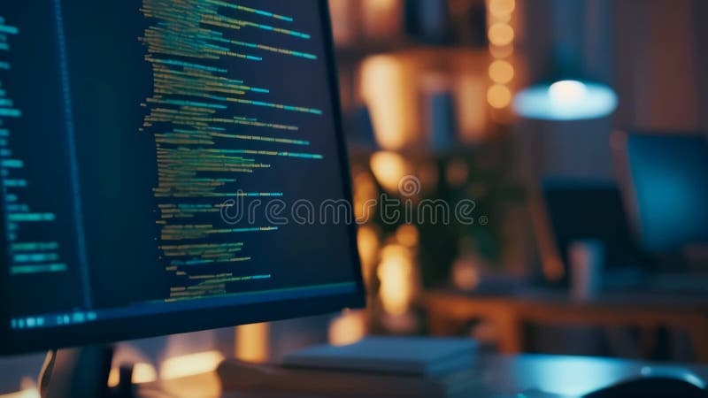 Computer Screen Showing Programming Code Lines In Empty Office At Night Stock Footage Video Of