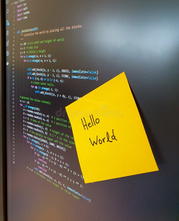 Computer Screen Showing Python Code with Yellow Sticker Saying Hello ...