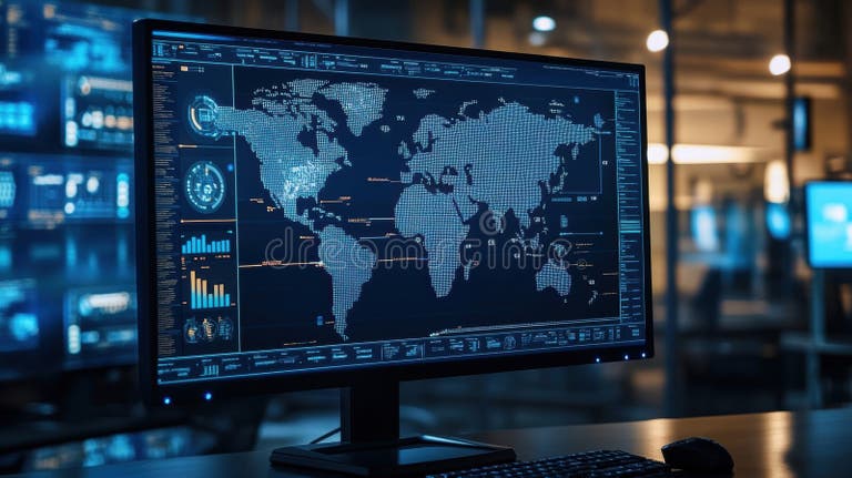 Computer Screen Showing World Map and Data Analysis in Monitoring Room Stock Photo - Image of ...