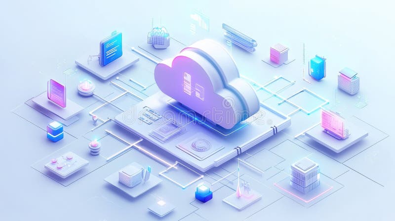 A Computer Screen Shows a Cloud with Many Different Icons and Boxes ...