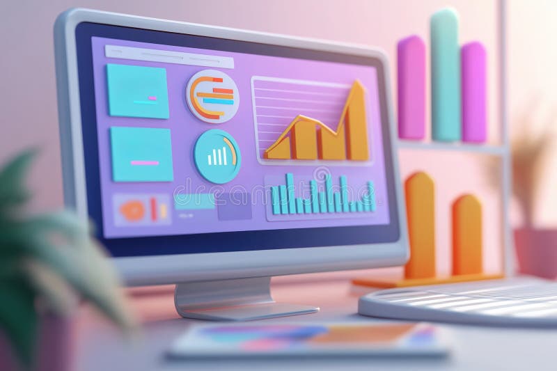 Computer Screen Shows Colorful Data, Analytics. Business Graphs, Charts ...