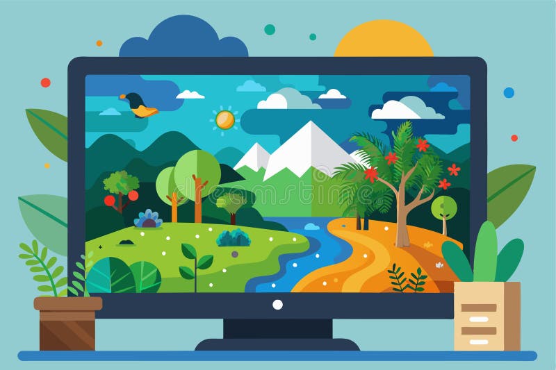 Computer Screen Shows Colorful Nature Illustration with Mountains ...