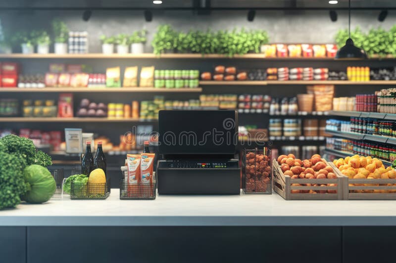 A Computer Screen Shows a Grocery Store with a Cash Register Stock ...
