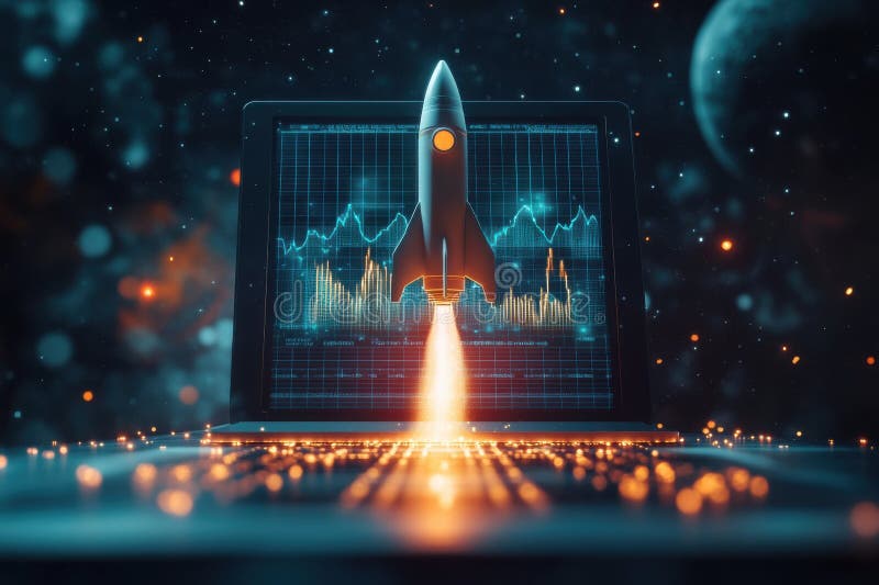 A Computer Screen Shows a Rocket Launching into Space Stock Photo ...