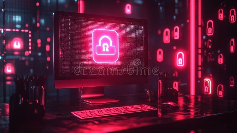 A Computer Screen Shows a Security Warning with Glowing Icons in a Dark ...