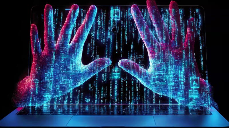 Computer Screen Shows Two Hands in a Blue and Red Pattern. Concept of ...