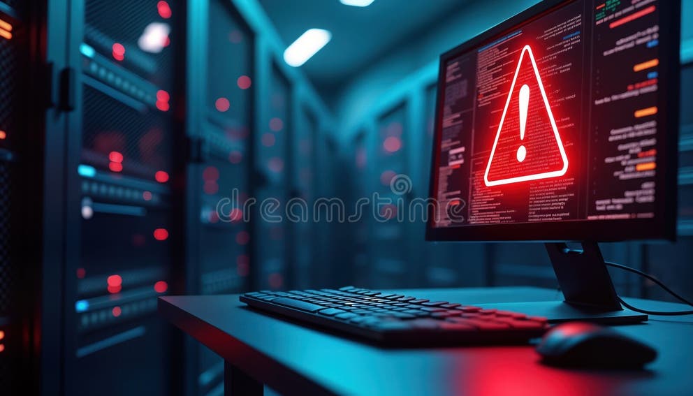 Computer Screen Shows Warning Alert in Dark Server Room. Cybersecurity ...