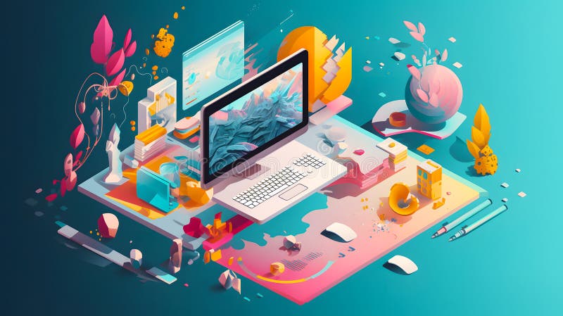 Computer Screen with Bunch of Colorful Objects Around it on Black ...