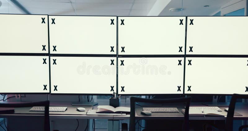 Computer Screen, Space and Surveillance with Equipment in Empty Office ...