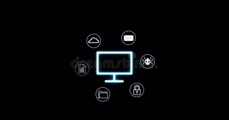 Computer Screen Surrounded by Icons Representing Cloud, Email, Security ...