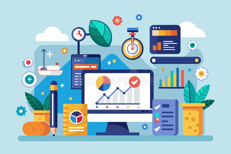 A Computer Screen is Surrounded by Various Office Supplies in a ...