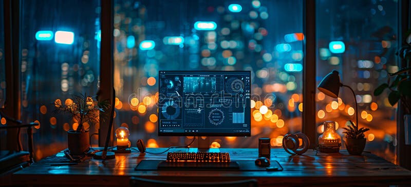 Computer Screen on Table Displaying Data with Digital Clock Stock ...