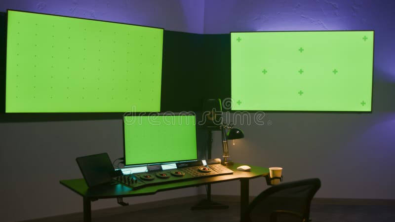 Computer and Screens with Chromakey in Color Grading Studio Stock Image ...