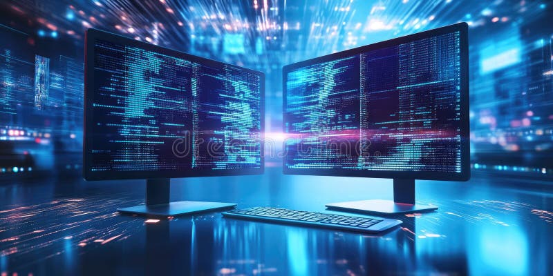 Computer Screens with Code: Binary Data and Digital Interface, Cyber ...