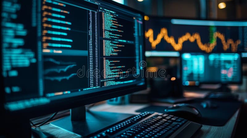 Computer Screens Code Financial Charts Modern Office Stock Photos ...