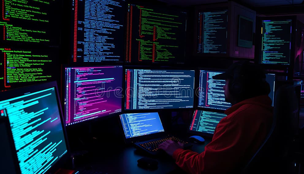 Computer Screens with Code, Software Development, Tech Workplace, Stock Photo, Generative AI ...