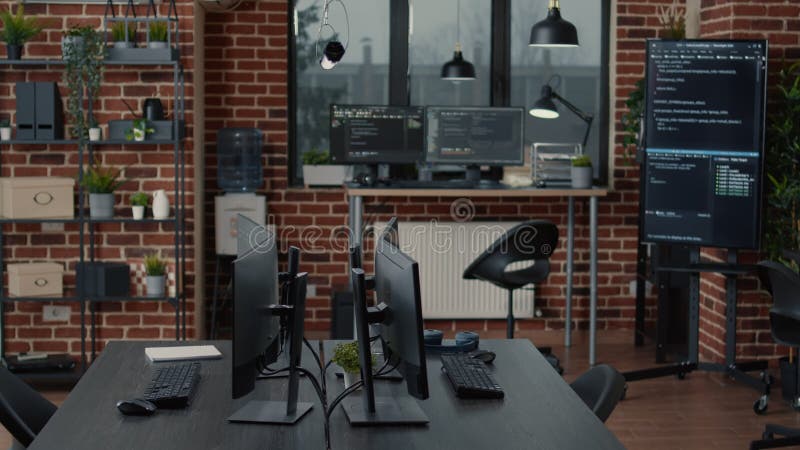 Computer Screens On Desk Running Programming Code Data Algorithms Stock Video Video Of