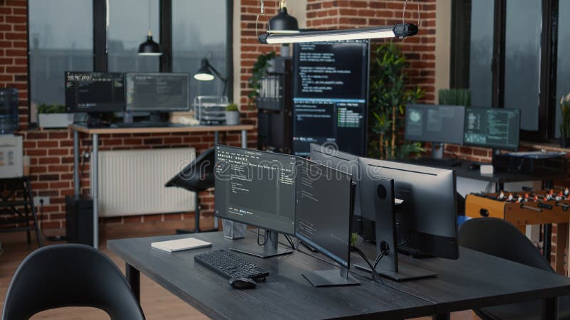 Empty Programming Workspace with Big Monitor Screen Shows Code Stock ... Empty Programming Workspace with Big Monitor Screen Shows Code Stock ...