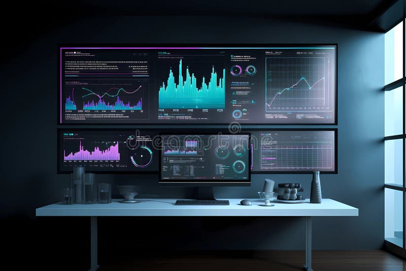 Computer Screens Showing Data and Graphs in a Control Room or High End ...