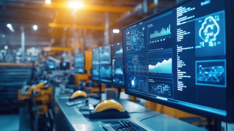 Computer Screens Showing Industrial Production Data in Modern Factory ...