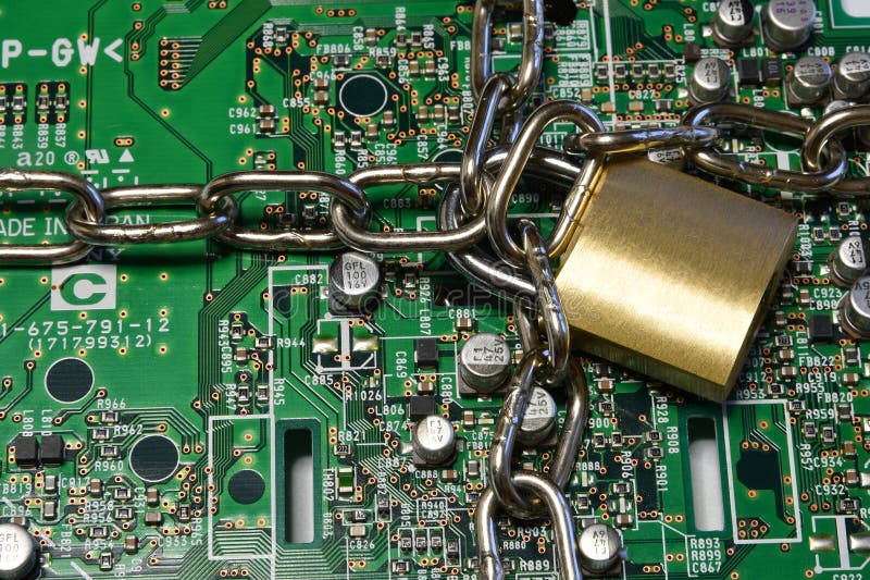 Computer Security Concept. Iron Chain and Padlock on Green Computer ...