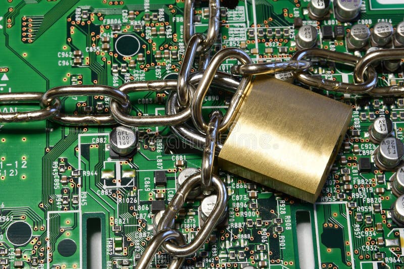 Computer Security Concept. Iron Chain and Padlock on Green Computer ...