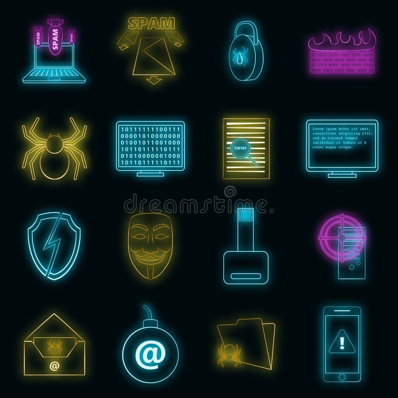 Computer Security Icons Set Vector Neon Stock Vector - Illustration of ...