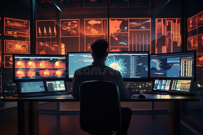 Computer Security Specialist Gathers Information while Sitting in Front ...