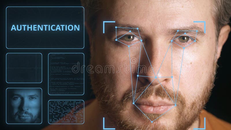 Computer System Scanning Face of a Man. Digital Authentication Related ...