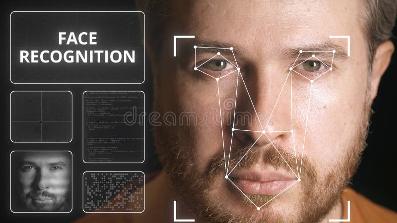 Computer System Scanning Man`s Face. Face Recognition Related Image ...