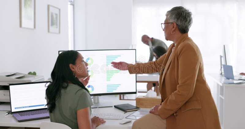 Computer, Senior Manager and Employee with Chart Research or Analytics on Dashboard Screen for ...
