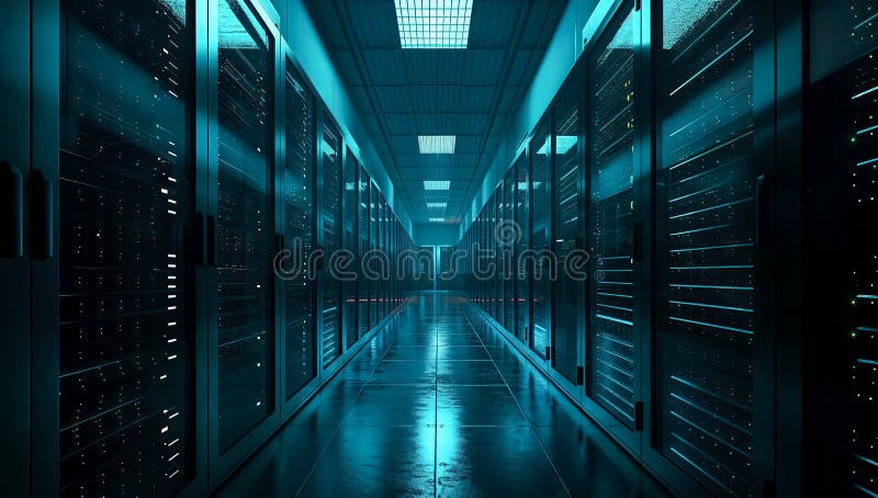 Computer Server Corridor in a Dark Blue Hallway. Stock Illustration ...