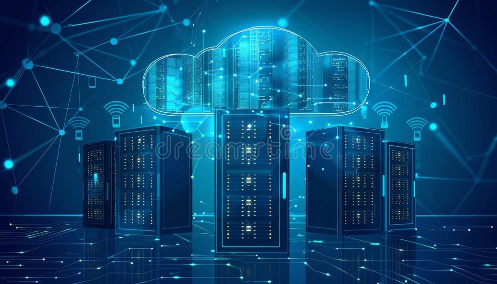 A Computer Server Farm is Shown in a Blue and White Color Scheme by AI ...