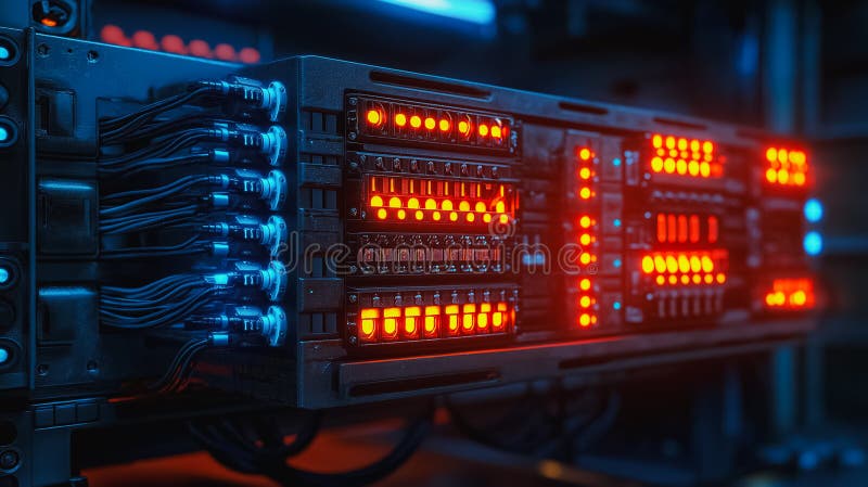 A Computer Server with Many Lights on it. the Lights are Red and Blue ...