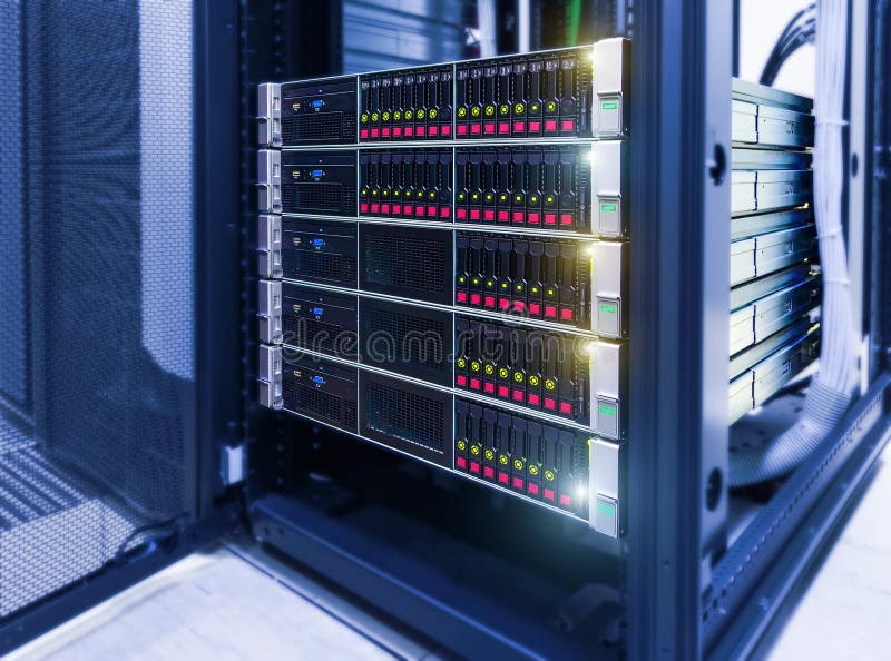 Computer Server Mount on Rack in Data Center Room. Disassembled Strut ...