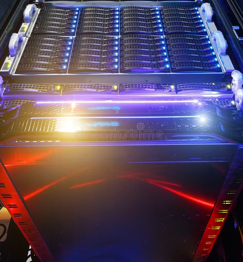 Computer Server Mount on Rack in Data Center Room with Red Lighting ...