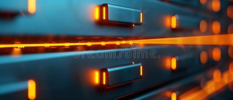 A Computer Server with Orange Buttons and a Blue Background Stock ...