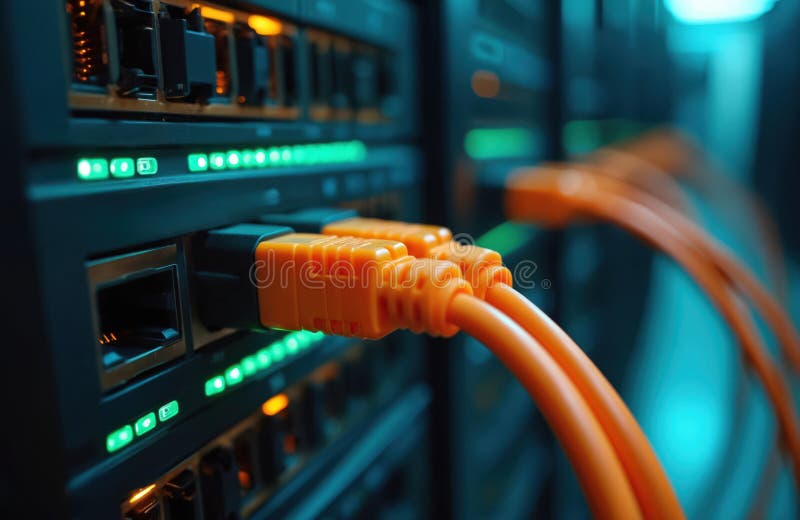 Computer Server Rack with Bright Green LED Lights and Connected Orange ...