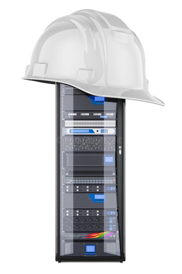 Computer Server Rack with Hard Hat. Service and Maintenance, Concept ...