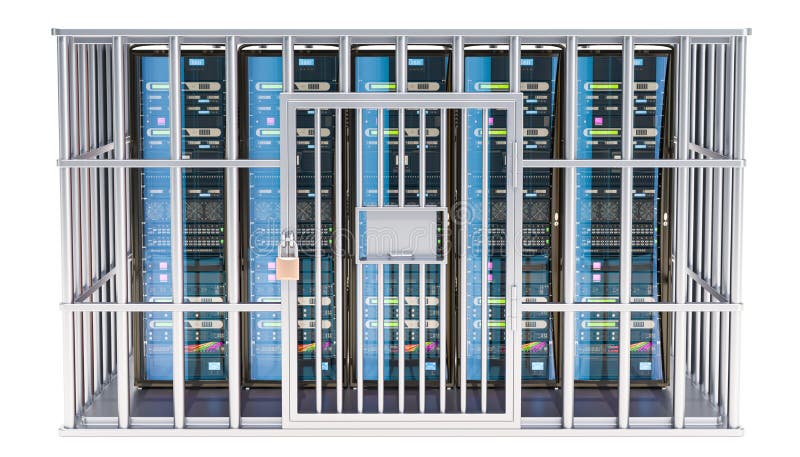 Computer Server Racks Inside Cage, Prison Cell. 3D Rendering Stock ...