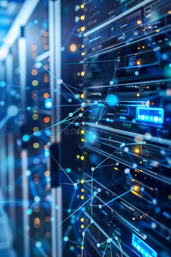 A Computer Server Room with a Blue Background and a Network of Lines ...