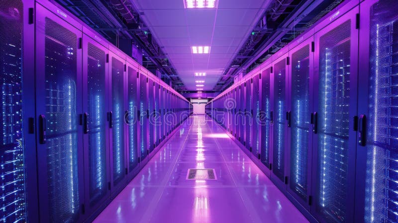 A Computer Server Room with a Blue Background and Red and Blue Lights ...