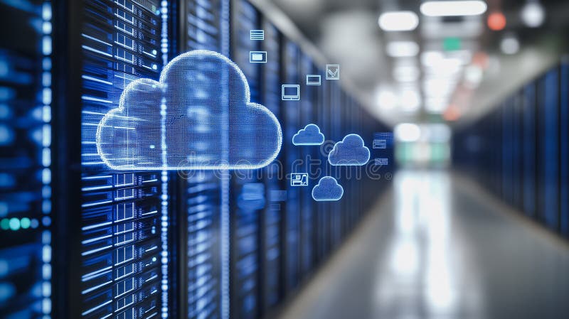 A Computer Server Room with a Blue Cloud on the Wall. the Cloud is ...