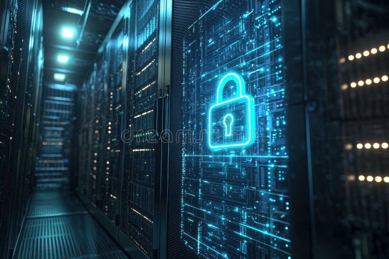 A Computer Server Room with a Blue Lock on a Screen Stock Photo - Image ...